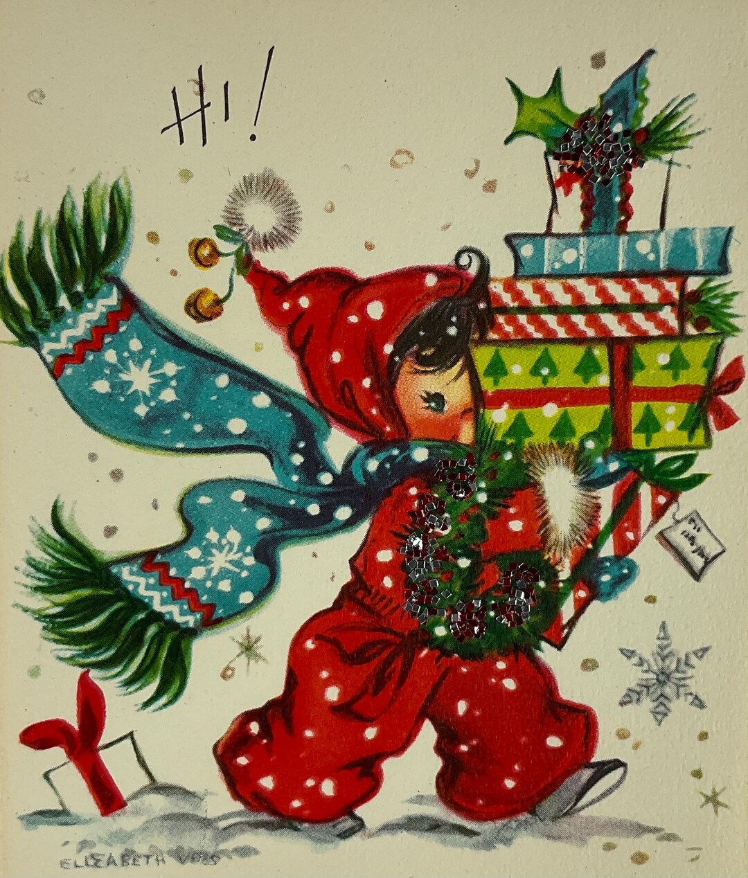 Santa Outfit Little Girl Carrying Lots of Presents Vintage 1940s Unused ...