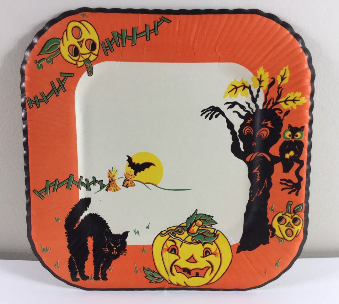 Halloween Scary Ghoulish Ghost Tree Black Cat & Pumpkin Vintage 1940s ...