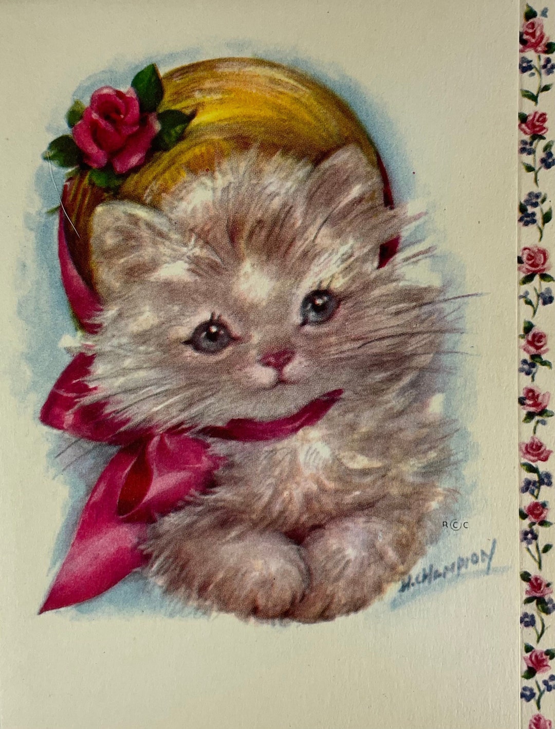 Pink Rose Flower Hat Wearing Kitty Cat Kitten Vintage 1940s Unused Rust ...