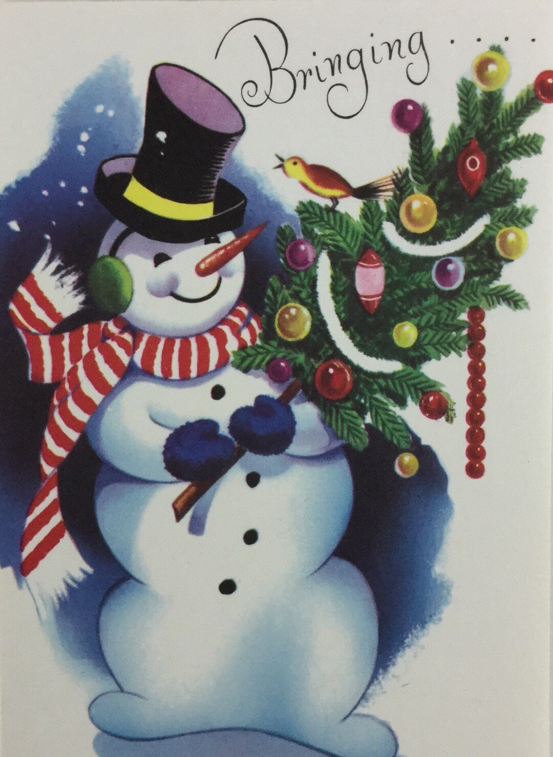 Top Hat Snowman Carrying Holiday Christmas Tree Vintage 1950s Unused ...