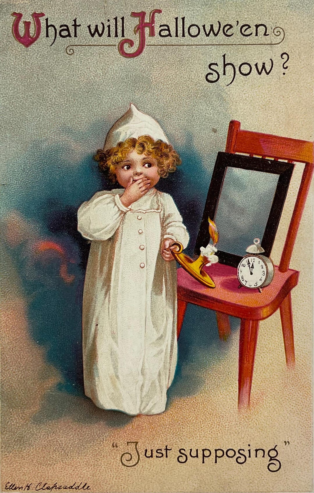 Scared Girl Dropping Candle Mirror & Clock Vintage Antique 1900s Ellen ...