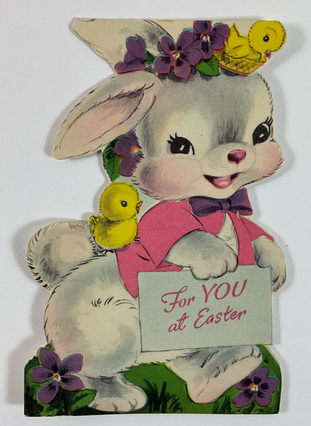 Pink Coat Bunny Rabbit Chicks & Purple Violets Vintage 1940s - Etsy