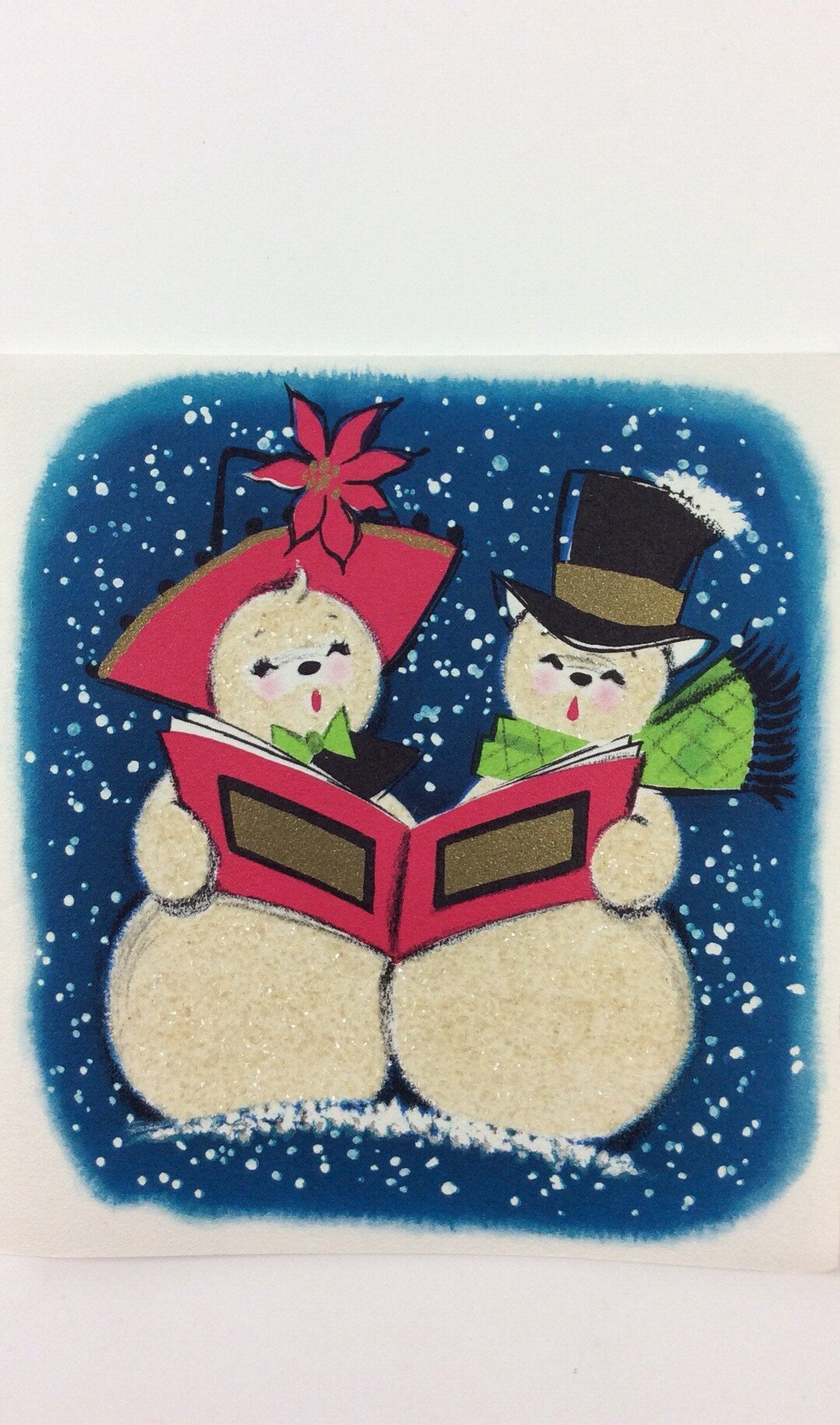 Glitter Caroling Snowman Couple Snow Background Vintage 1950s Unused ...
