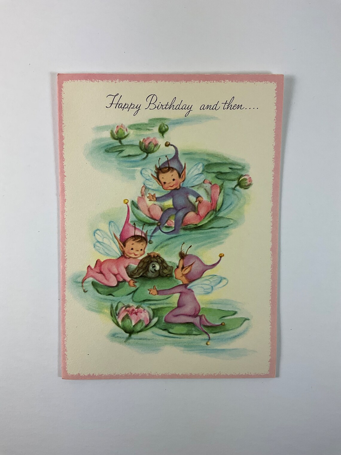 Fairy Pixie Elf Elves & Turtle Swimming Among Lilly Pads Vintage 1950s ...
