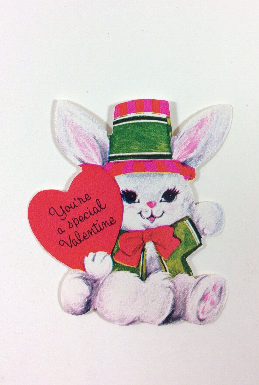 White Bunny Rabbit in Hat Holding Heart Vintage 1950s Unused Ambassador ...