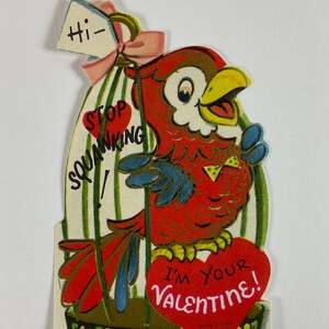 Squawking Parrot Bird in a Cage Vintage Unused Valentine Greeting Day ...