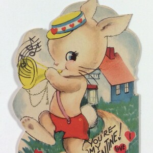 Bunny Rabbit Playing Trumpet Instrument Vintage 1940s Unused Valentine ...