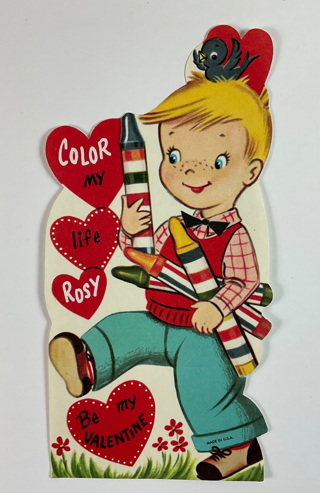 Freckle Face Boy & Huge Crayons Color My Life Rosy Valentine Unused ...