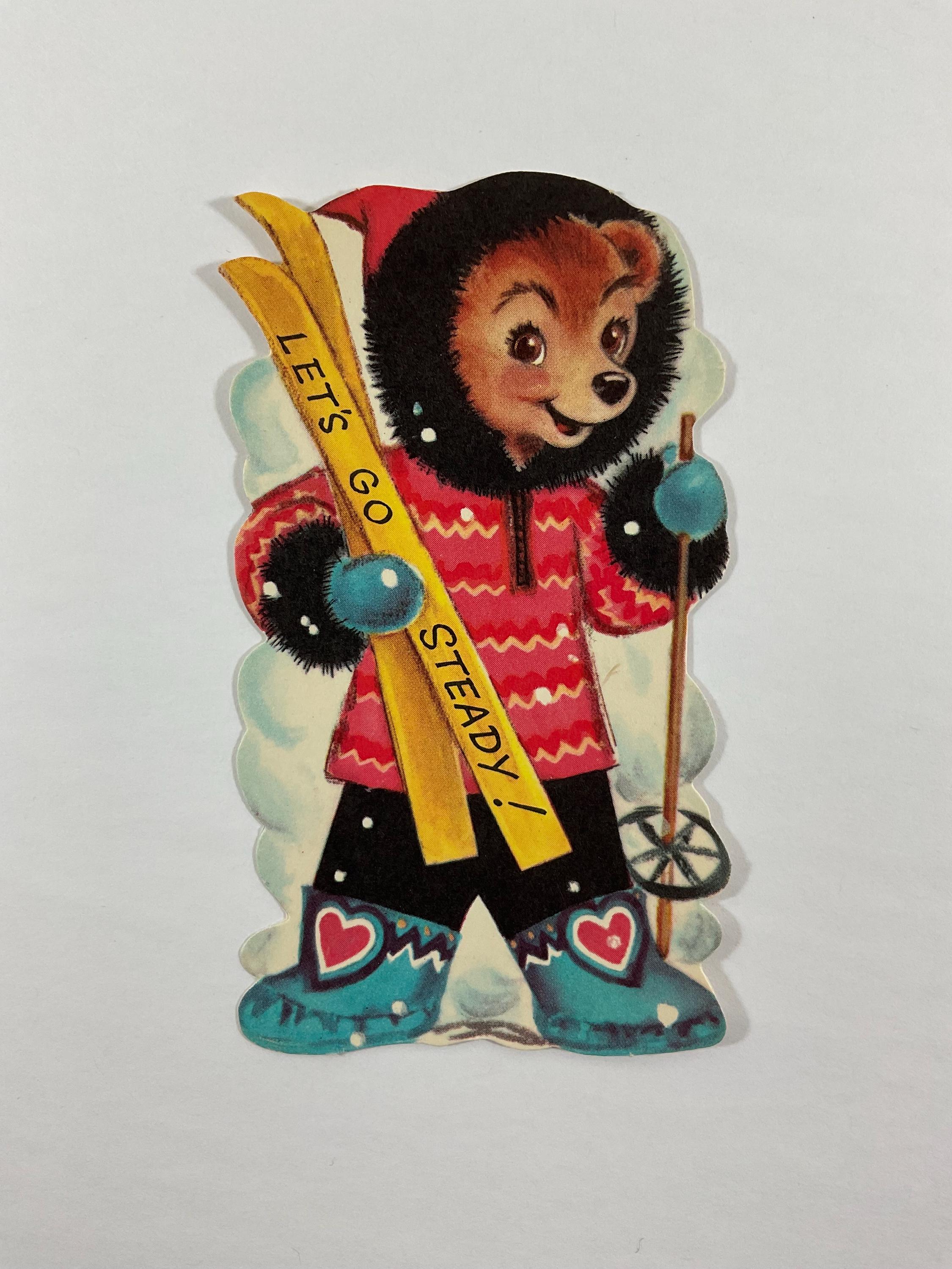 Let’s Go Steady Heart Boots Teddy Bear Skier Skiing Vintage 1940s ...