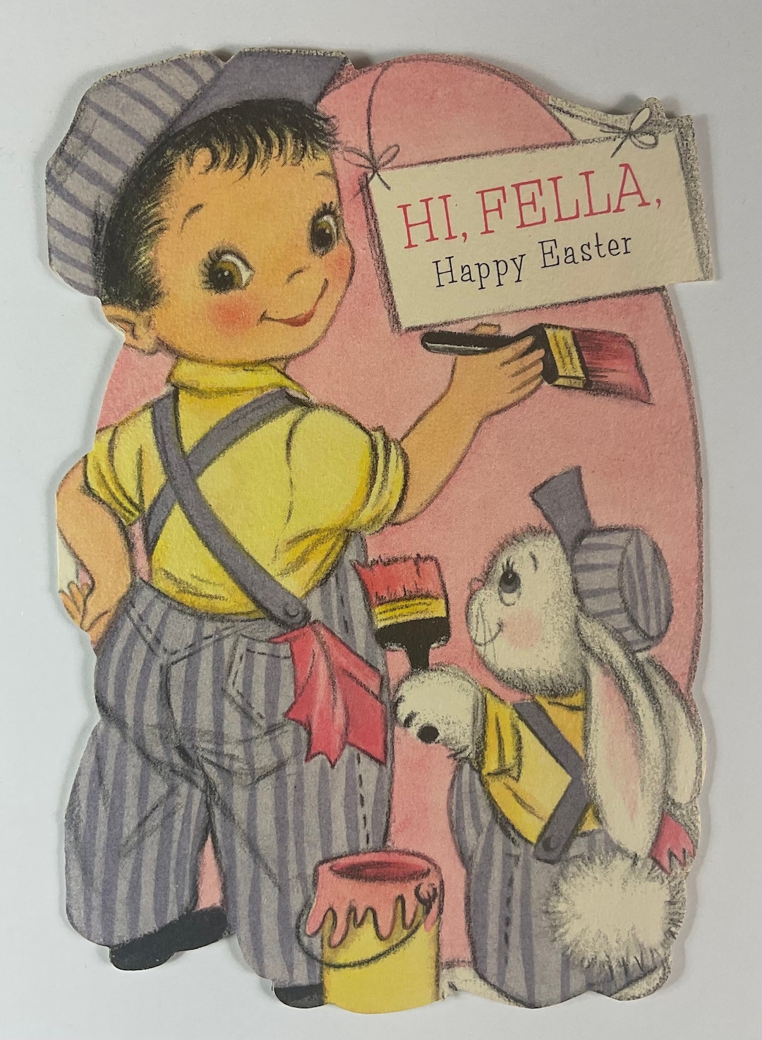 Little Boy & Bunny Rabbit Painting A Pink Egg Vintage 1950s Hallmark ...
