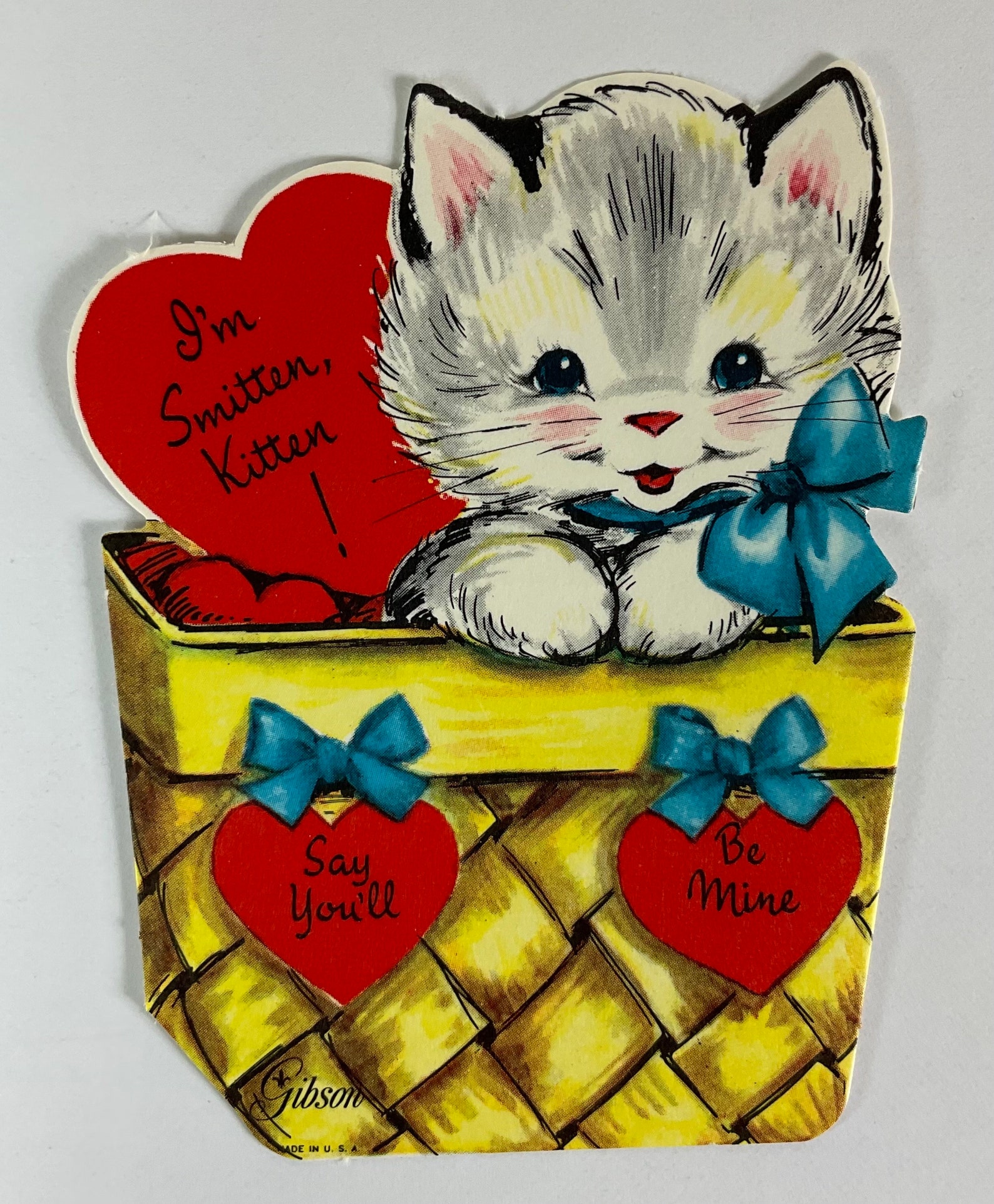 Im Smitten Kitten Kitty Cat in Heart Basket Vintage 1950s Unused Gibson ...