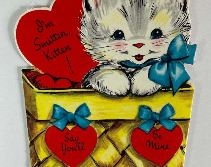 I’m Smitten Kitten Kitty Cat in Heart Basket Vintage 1950s Unused ...