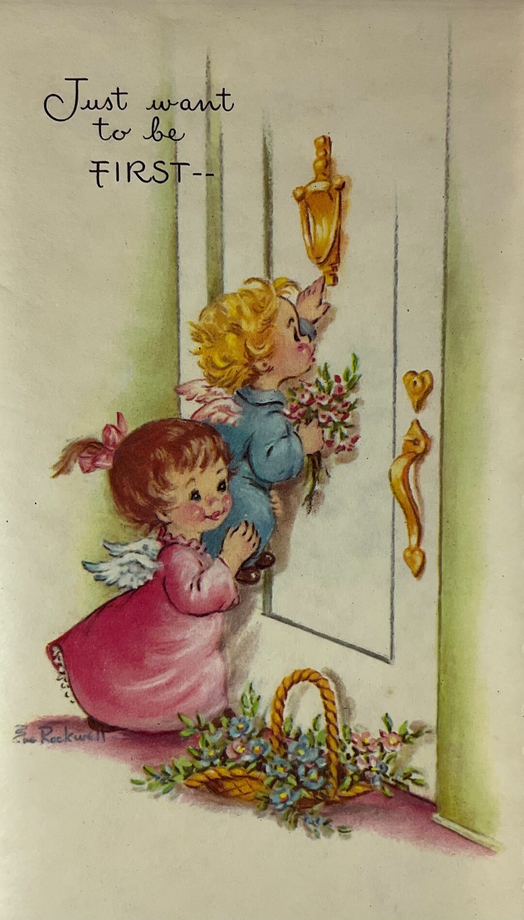 Little Angels Delivering Flowers & Best Wishes Vintage 1940s Unused Eve ...