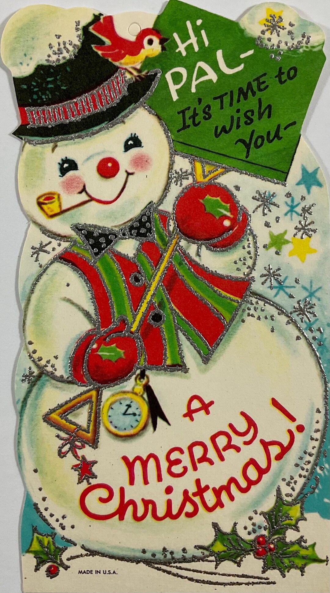 Cherry Nose Snowman & Red Bird Vintage 1950s Unused Glitter Christmas ...