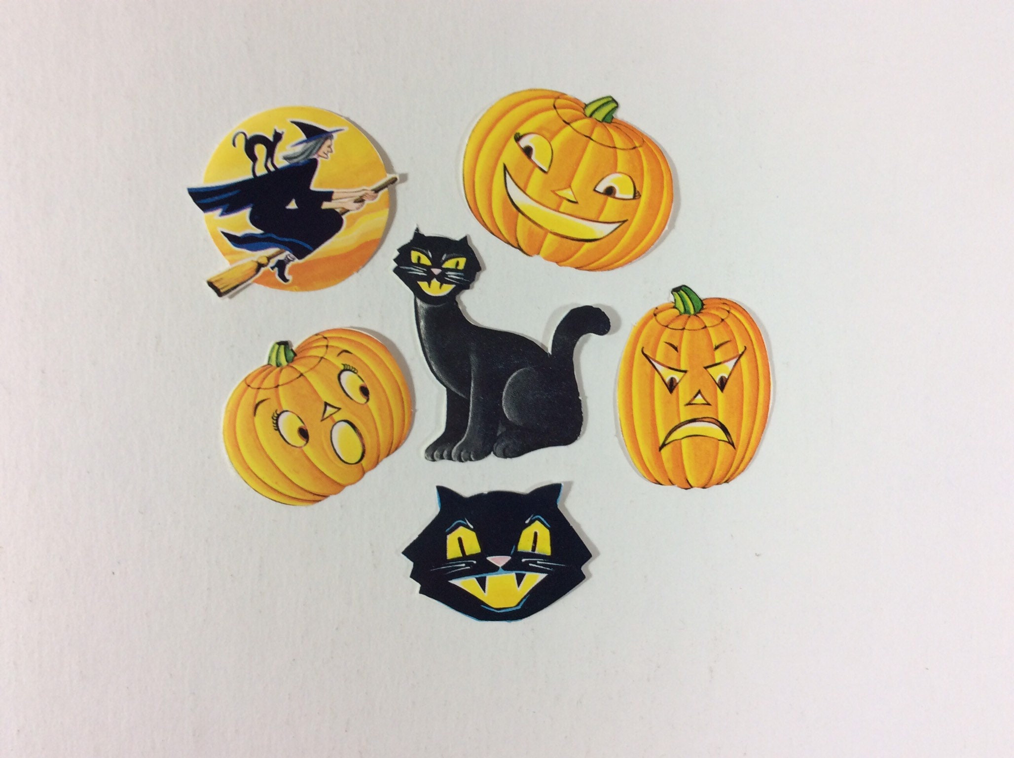6 Spooky Halloween Witch Black Cat Pumpkin JOL Dennison Eureka Vintage ...