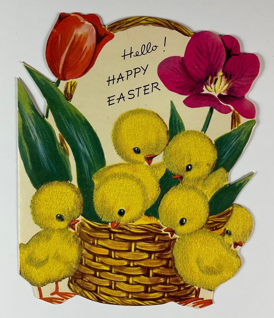 Fuzzy Flocked Chicks in a Tulip Flower Basket Vintage 1940s Unused ...