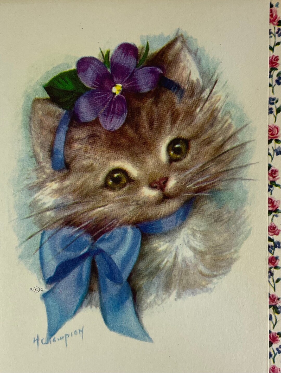 Purple Violet Flower Hat Wearing Kitty Cat Kitten Vintage Unused Rust ...