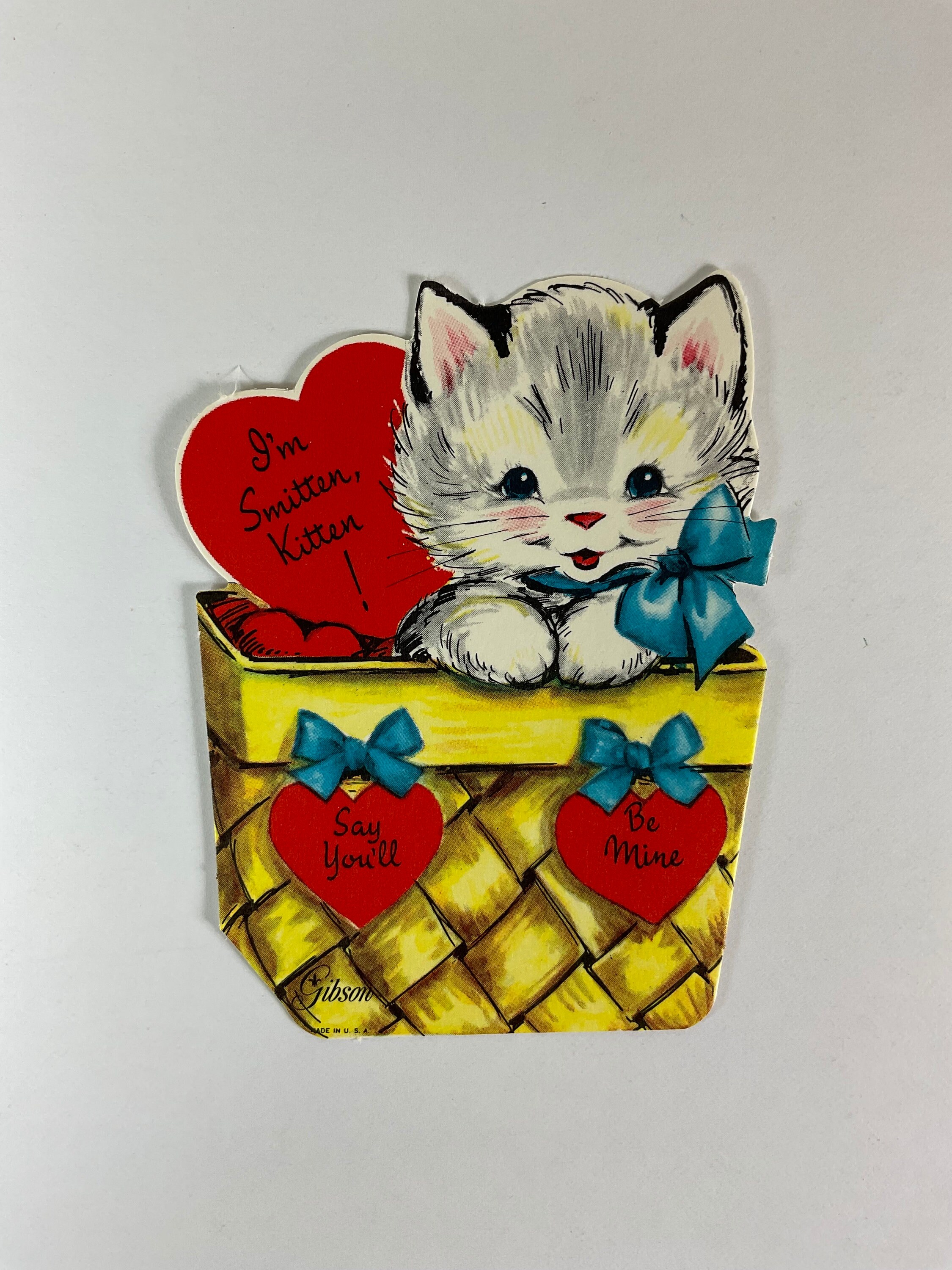 Im Smitten Kitten Kitty Cat in Heart Basket Vintage 1950s Unused Gibson ...