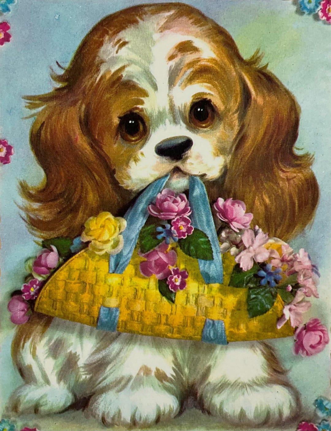 Cocker Spaniel Puppy Dog Carrying a Flower Bouquet Vintage 1950s Unused ...