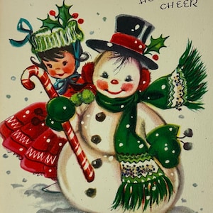Candy Cane Snowman & Little Girl Vintage 1940s Unused Elizabeth Voss ...