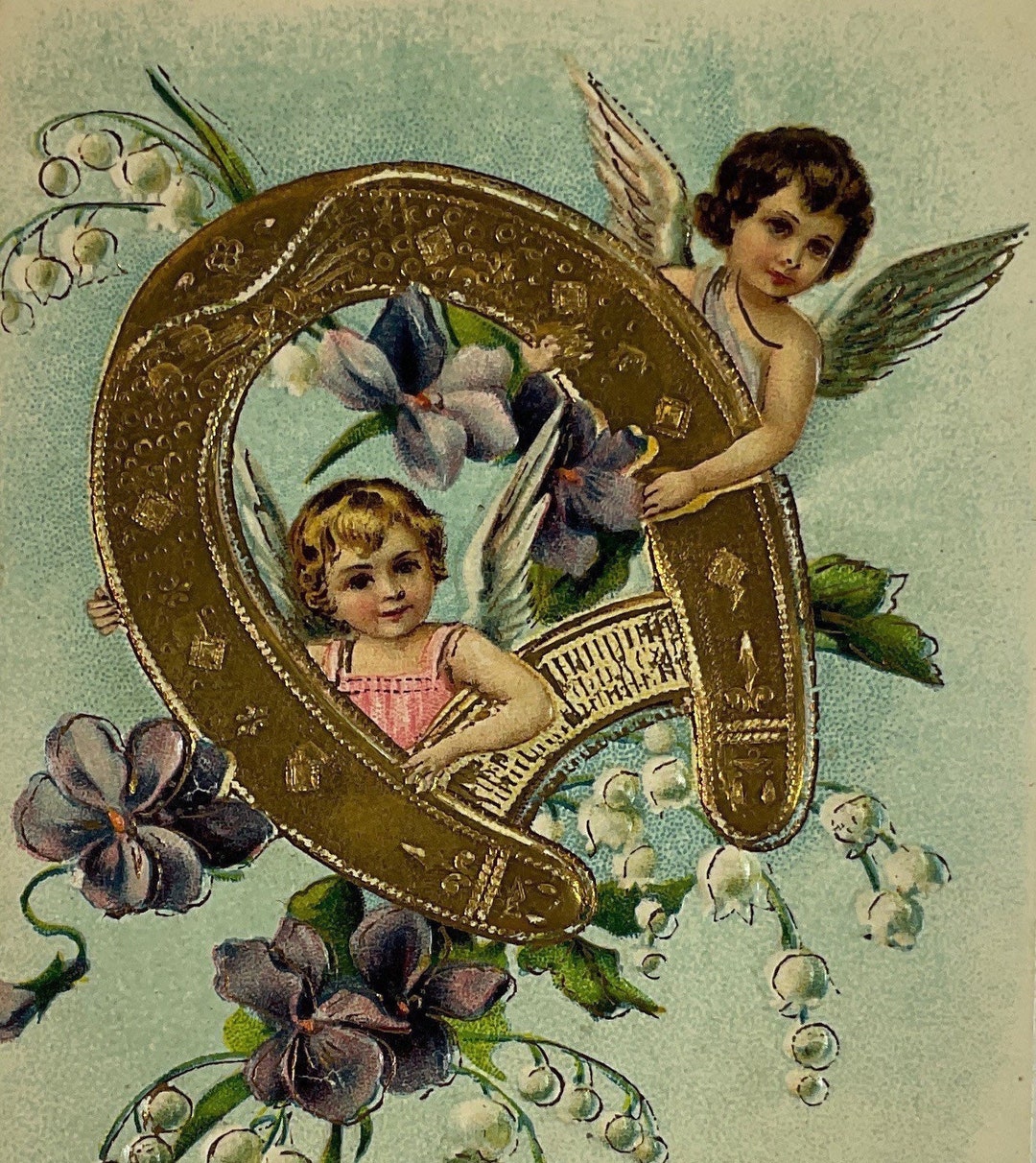 Gold Good Luck Horseshoe & Angels Vintage Antique 1900s Happy Returns ...