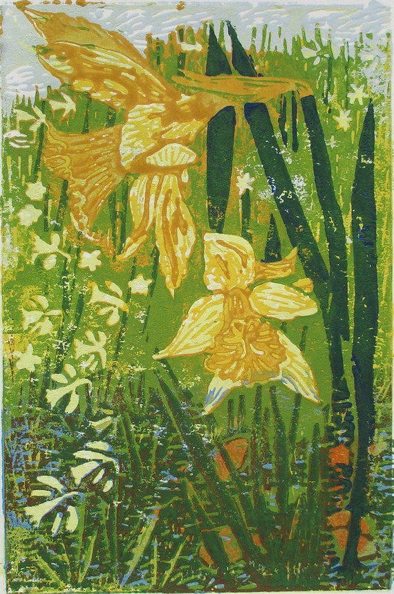 Daffodils Original Lino Cut 'Springtime' 2021 Signed Prints Wood ...