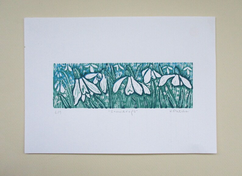 hand-printed original Stamp print| Art print Linocut print snowdrop ...