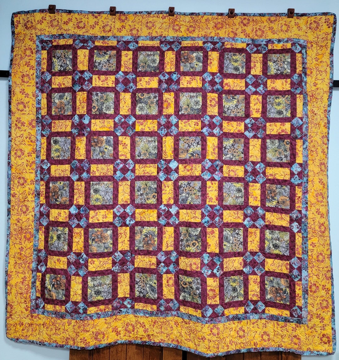 Maroon Orange Yellow Blue Floral Square Patch Quilt - Etsy