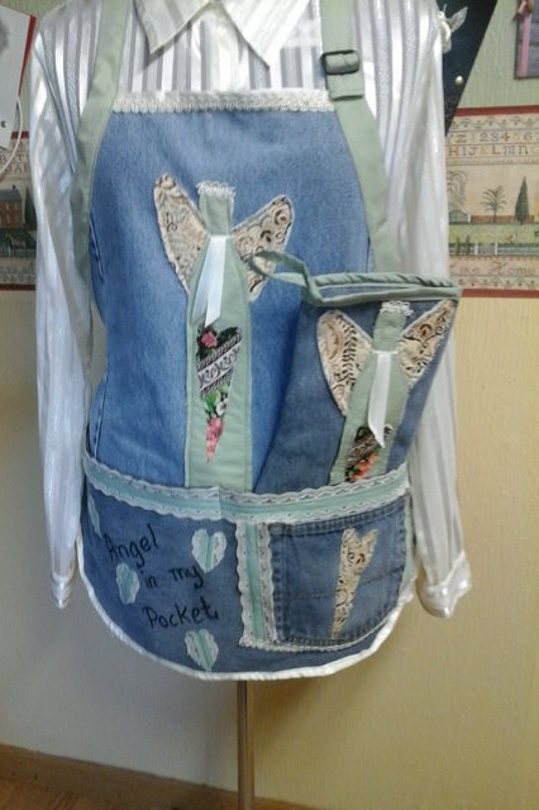 Apron Upcycled Denim/angel in My Pocket/ Oven Mitt Included/angel Love ...