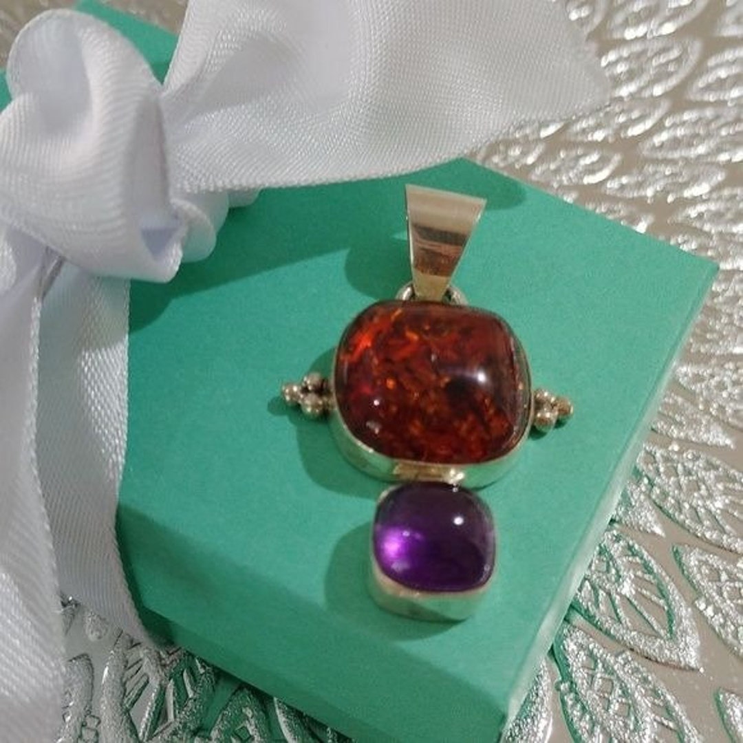 Signed Lori Bonn Sterling Silver, Amber + Amethyst Cushion Pendant - Etsy