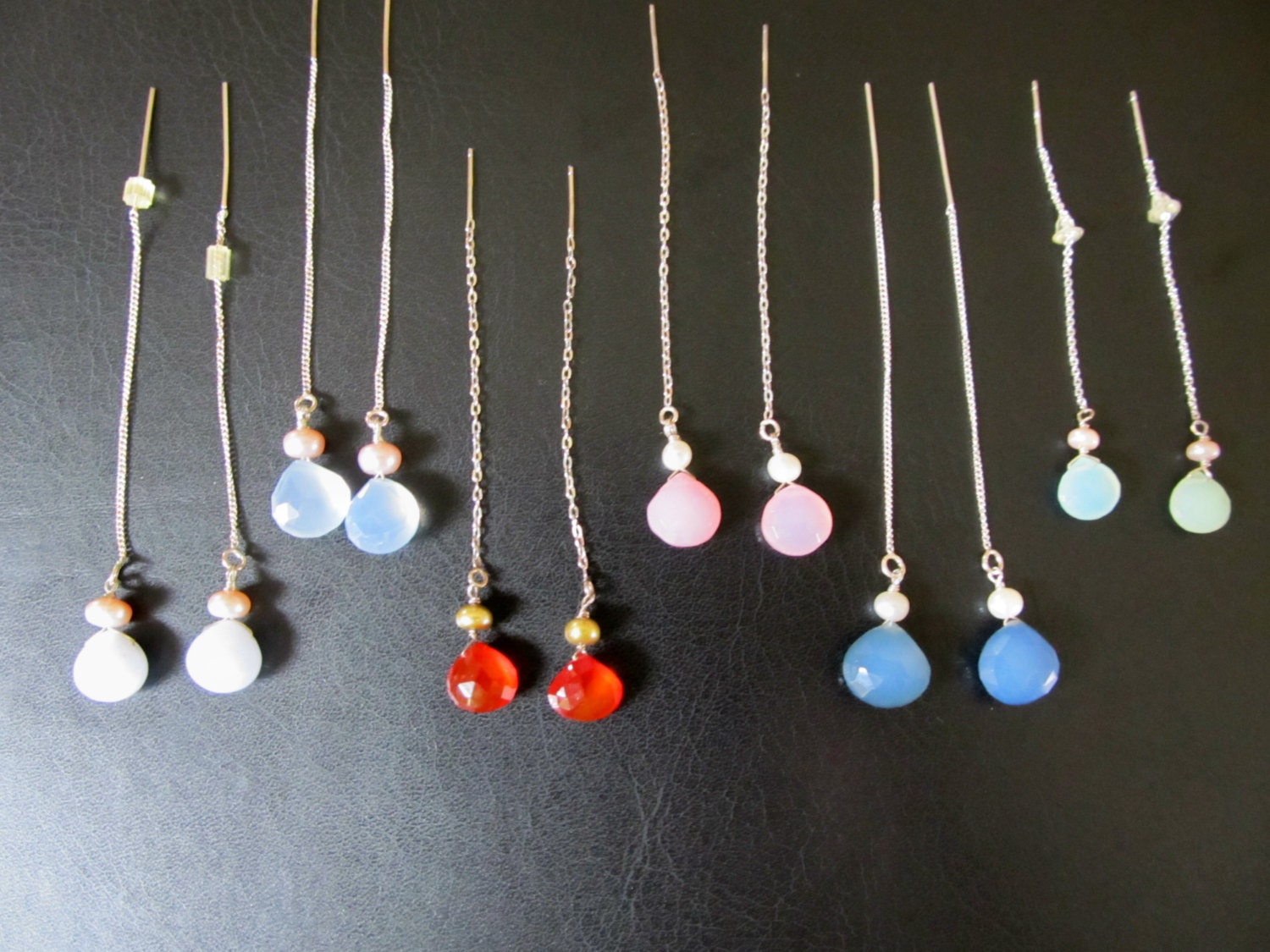 Threader Earrings, Sterling Silver Chain Earrings, Chalcedony Earrings ...