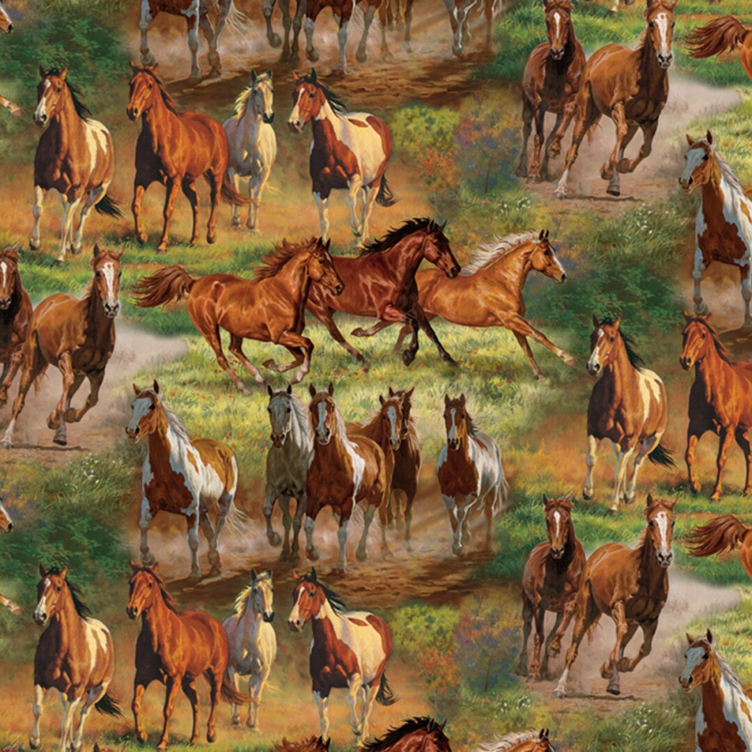 David Textiles Horses in the Meadow Scenic Multicolor Premium Quality ...