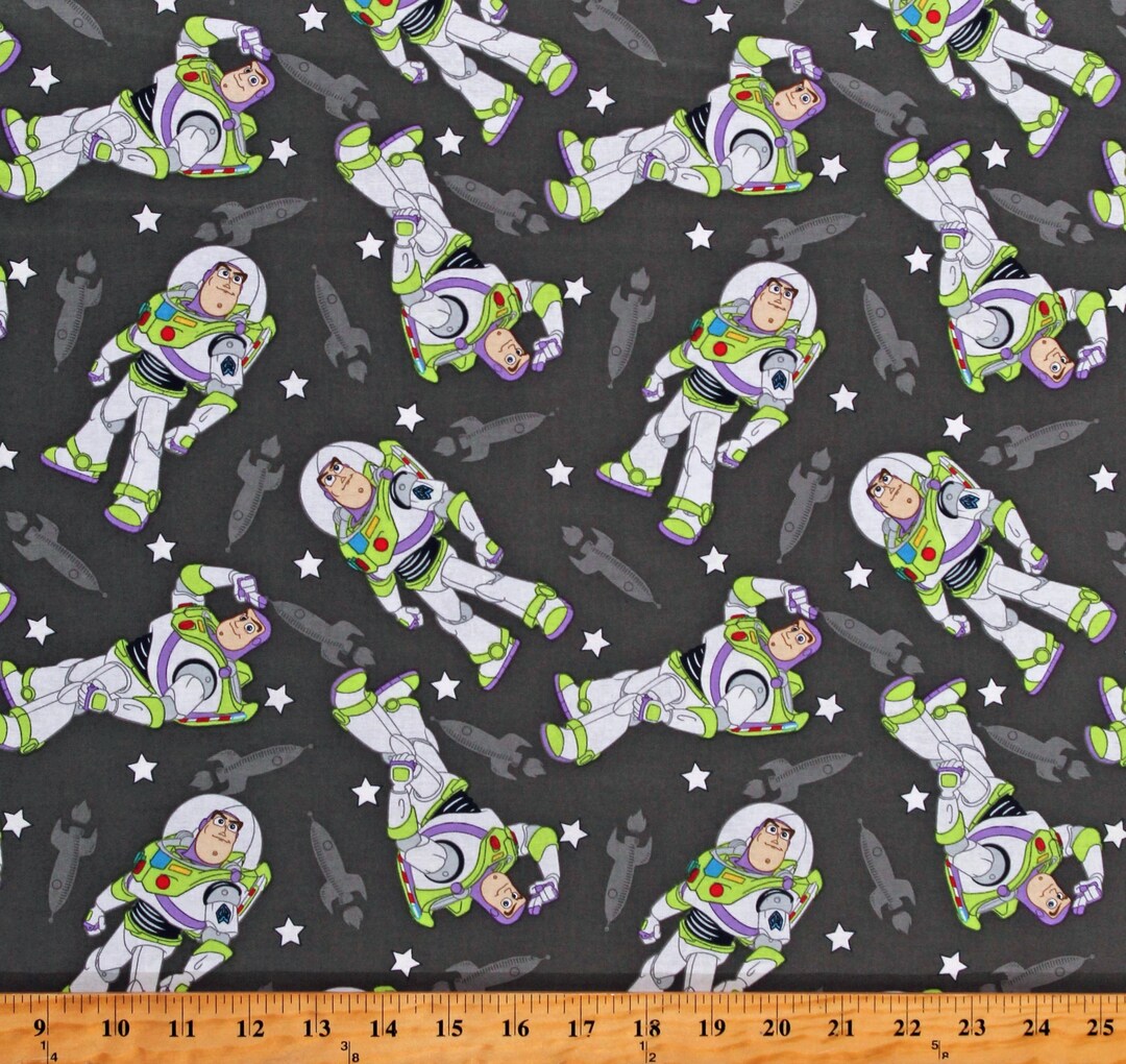 Buzz Lightyear Disney Toy Story Toss Stars Spaceships on Gray Cotton ...