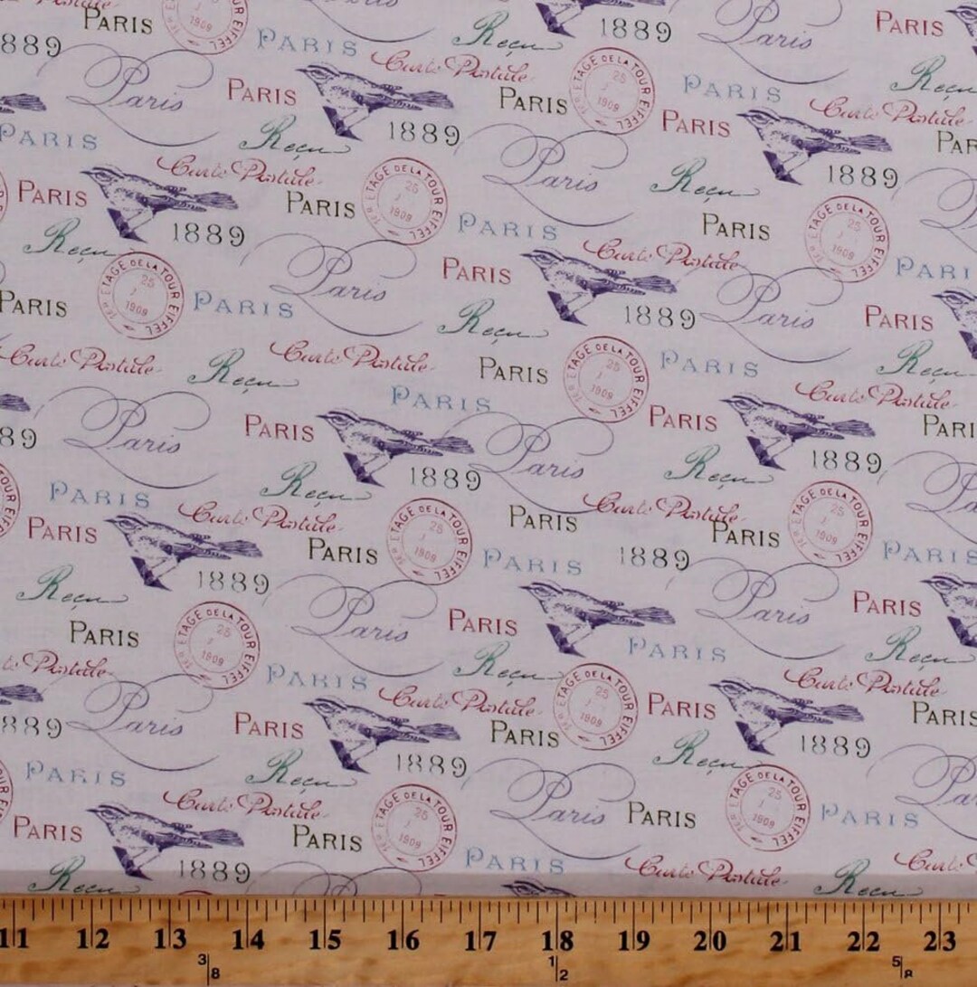 Robert Kaufman Paris France French Words Cursive Script Birds Stamps ...