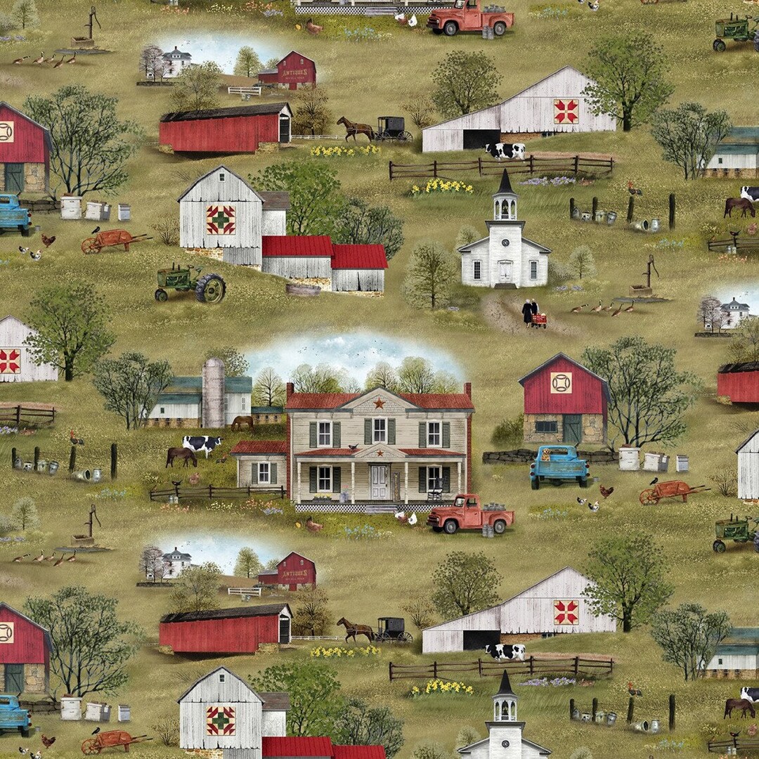 Elizabeth's Studio Headin' Home Fabric | Farmhouse Barn Church Allover ...