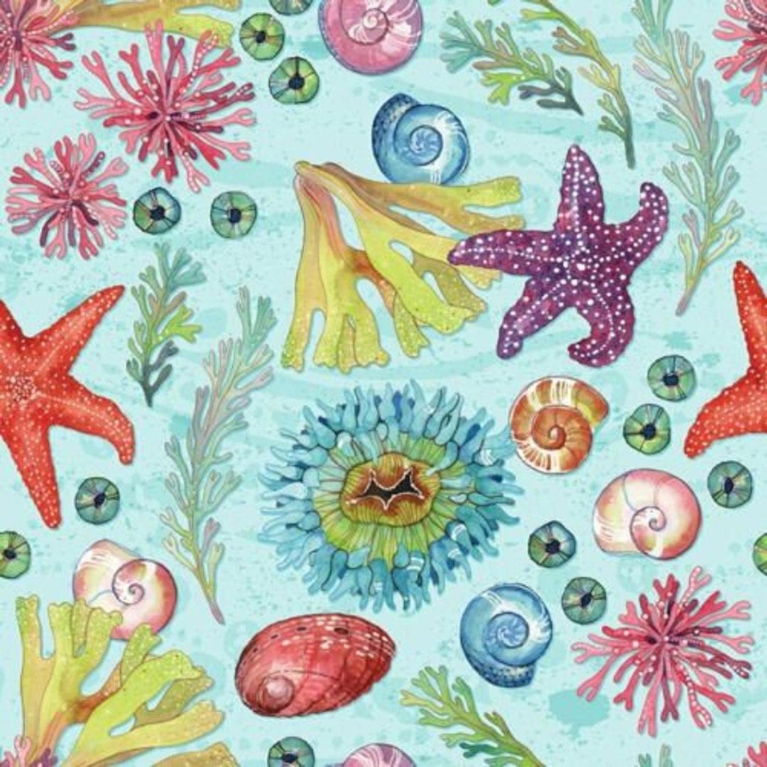 Four Seasons Tidepool Seashells David Textiles 100% Cotton Fabric by ...