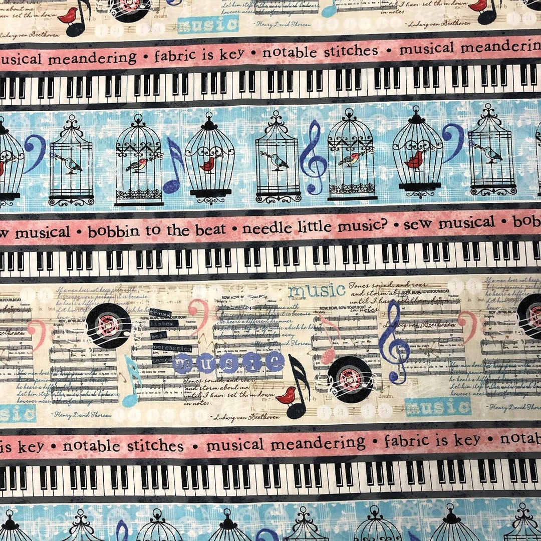 Timeless Treasures Row Needle Little Music Help Stripe Cream Premium ...