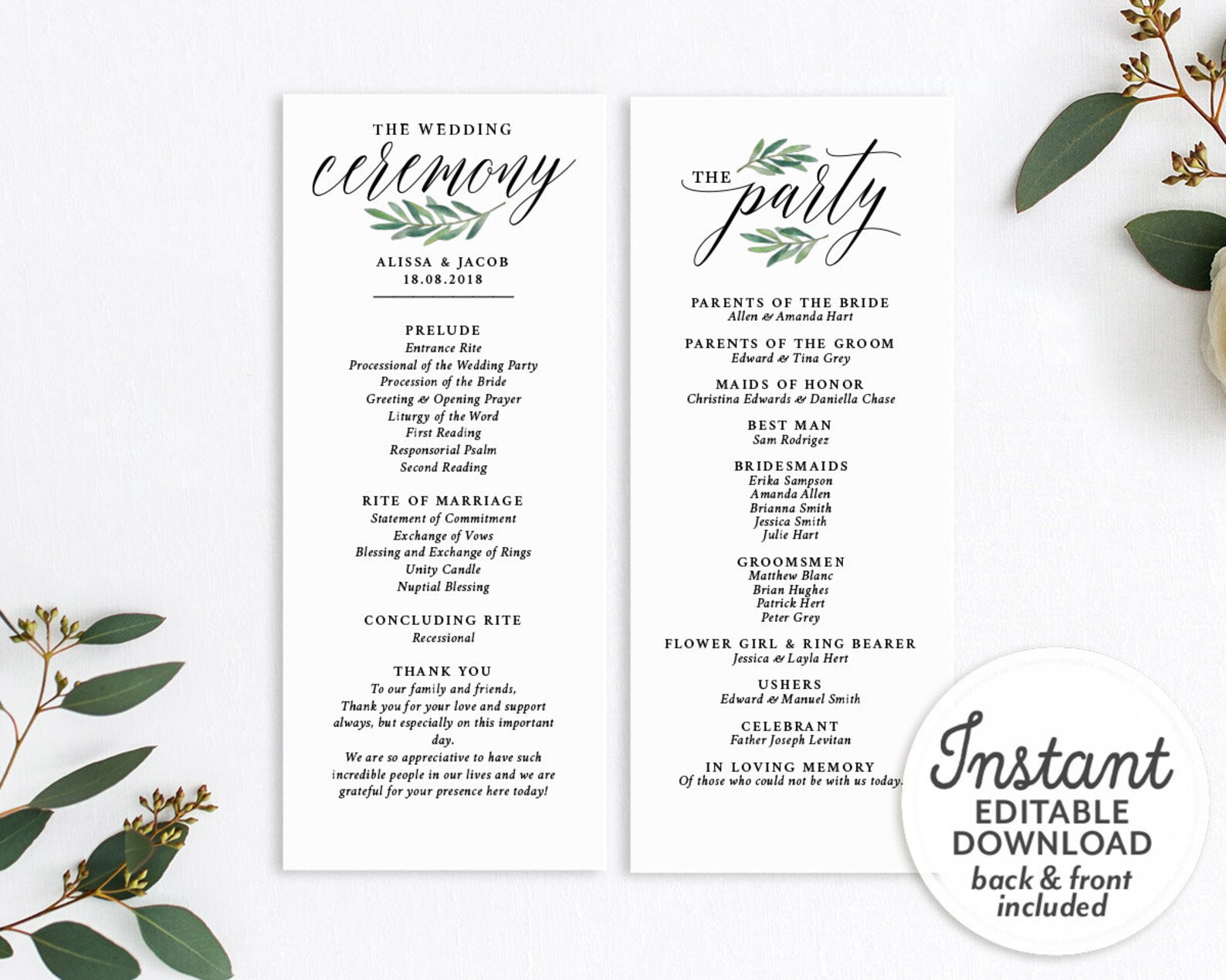Wedding Ceremony Card Printable, Wedding Program Template, Greenery ...