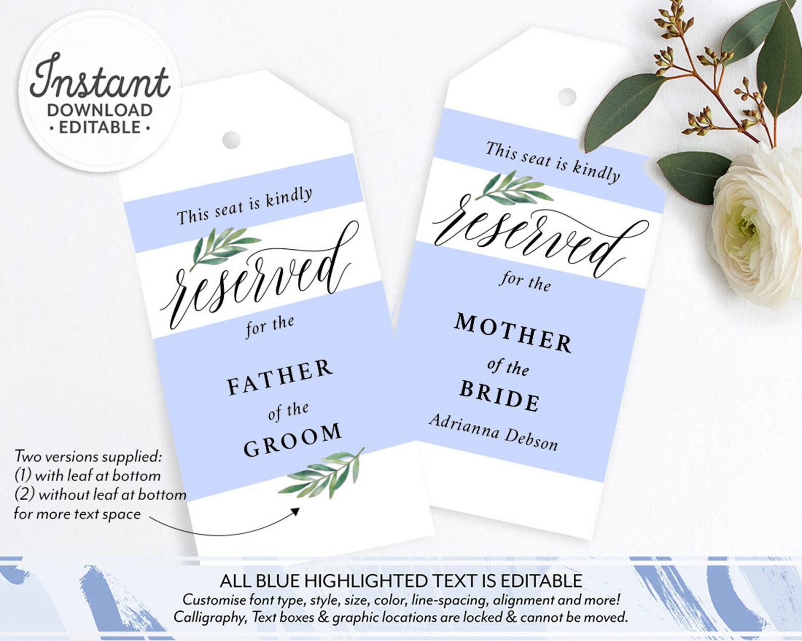 Printable Reserved Seat Tags for Wedding Ceremony Editable - Etsy