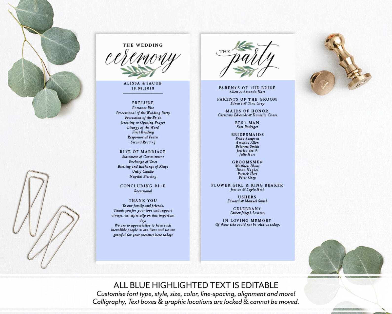 Wedding Ceremony Card Printable, Wedding Program Template, Greenery ...