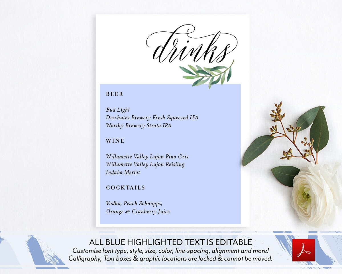 Drinks Wedding Bar Menu Template Wedding Drink Sign Editable | Etsy