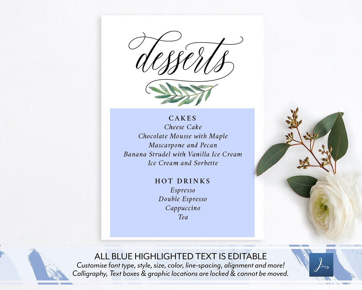 Desserts Table Sign Dessert Menu Wedding Printable Dessert - Etsy UK