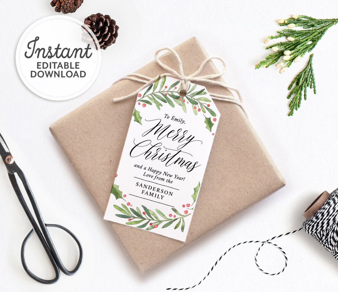 Merry Christmas Label Printable Christmas Gift Tag Template | Etsy