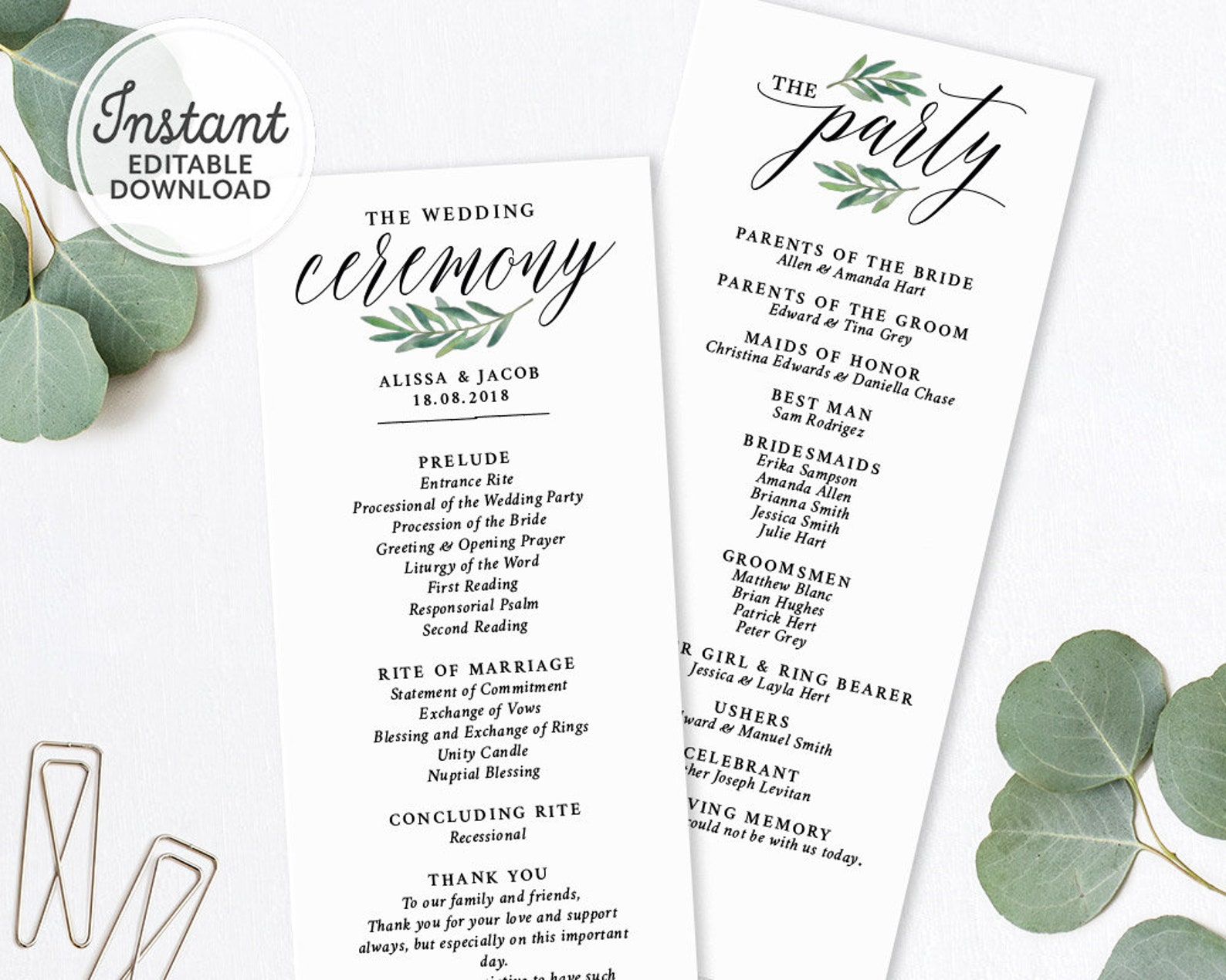 Wedding Ceremony Card Printable, Wedding Program Template, Greenery ...