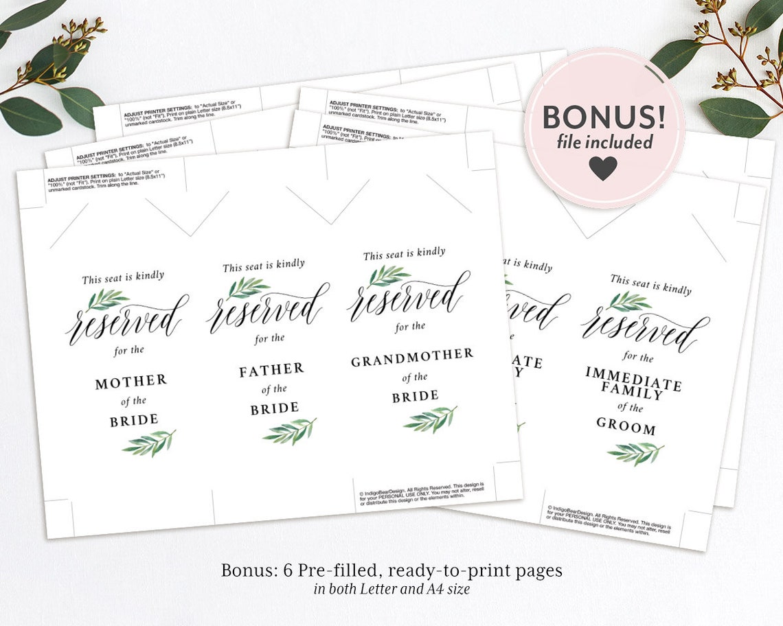 Printable Reserved Seat Tags for Wedding Ceremony Editable - Etsy UK