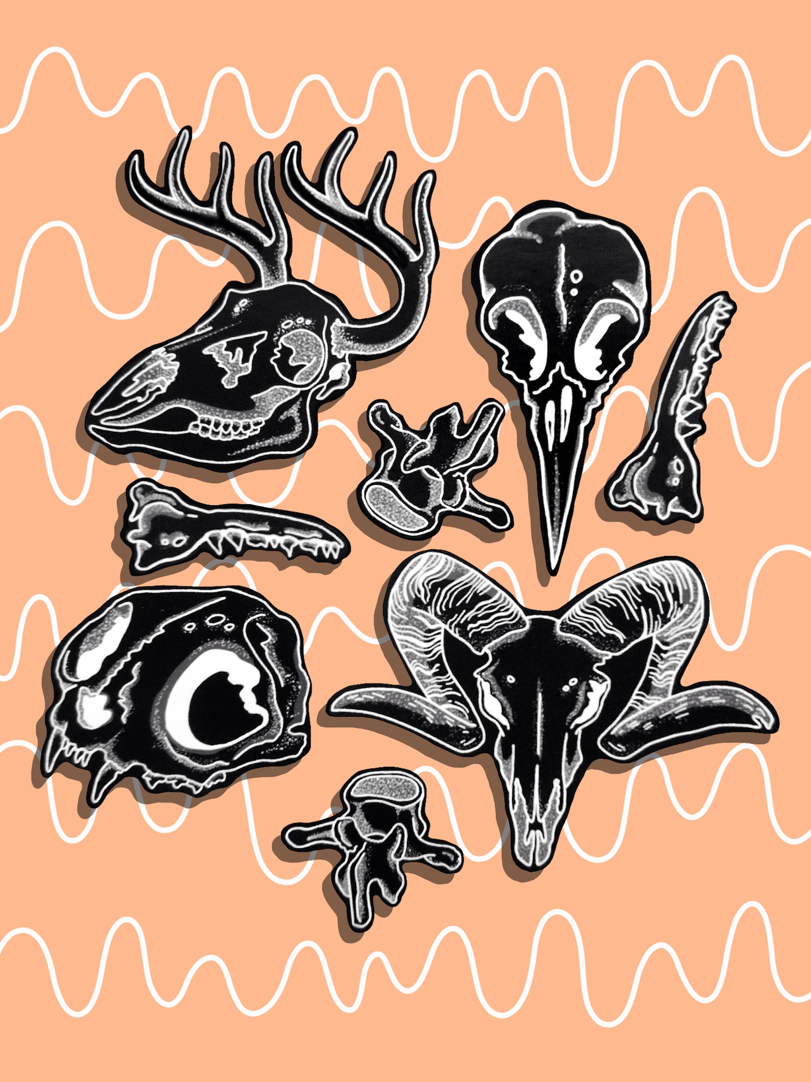 Bone Collection Stickies Sticker Pack Original Black or | Etsy