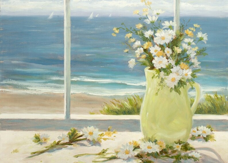 Beach Print, Daisies, Still Life, Coastal, Nautical, Shabby Shic, Beach ...