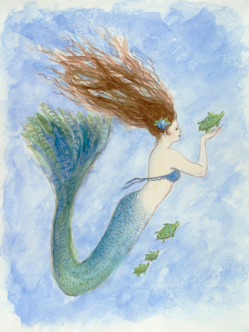 Mermaid With Her Sea Turtle 5x7 Greeting Card From Original - Etsy
