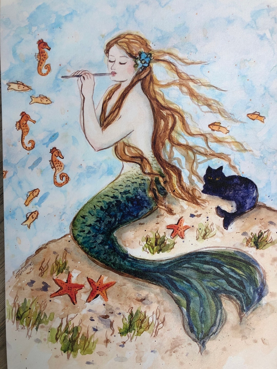 Mermaid Playing Flute, 11”x14” Print by Tina Obrien, Beach Art, Mermaid ...