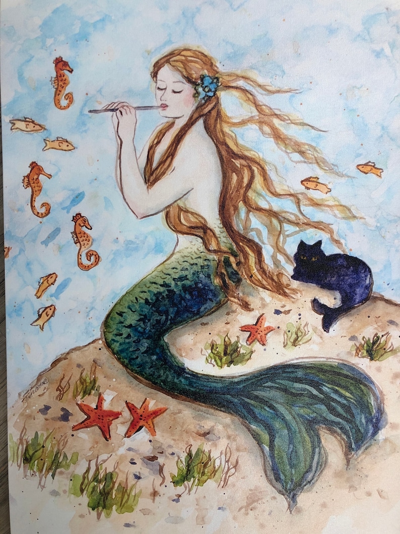Mermaid Playing Flute, 11”x14” Print by Tina Obrien, Beach Art, Mermaid ...